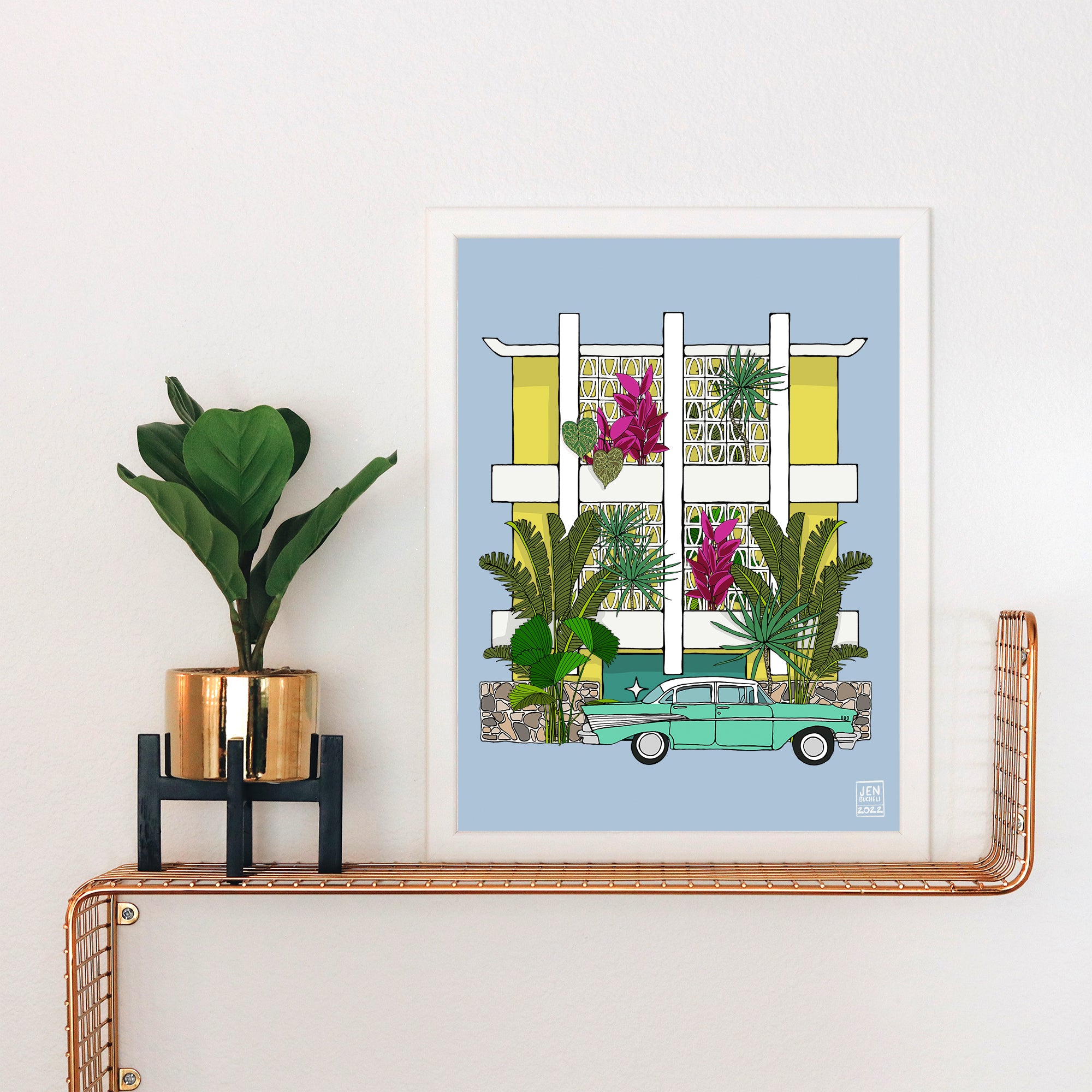 Mellow Yellow Breeze Block Apartments with Plants Art Print – Amaya ...