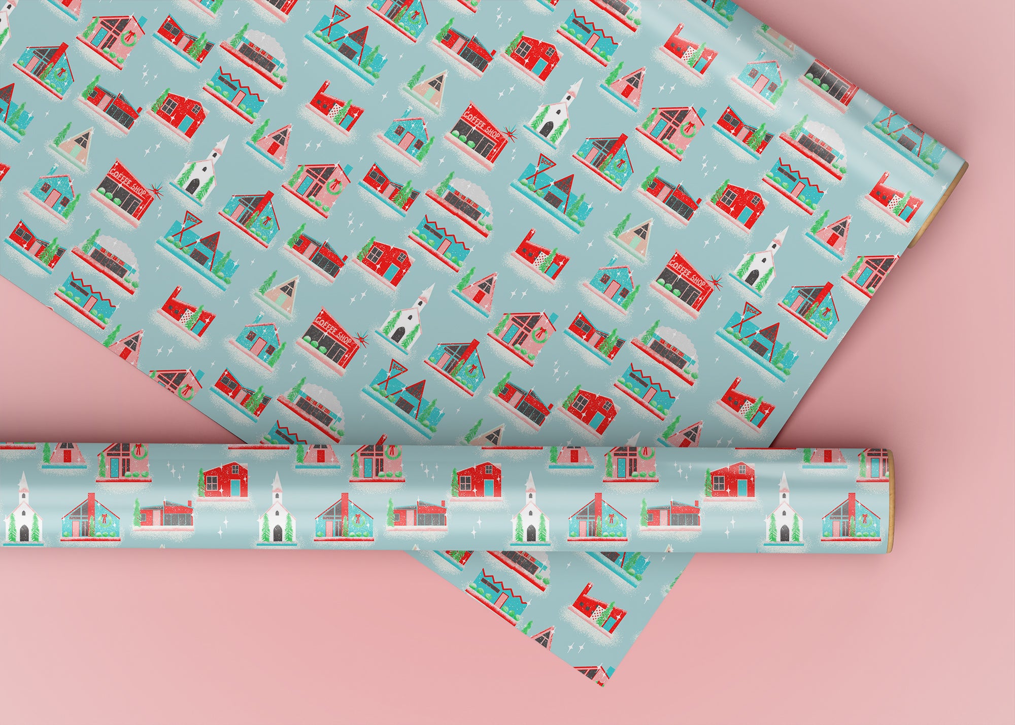 Mod Putz Houses Blue Specialty Art Wrapping Paper One of a Kind – Amaya ...